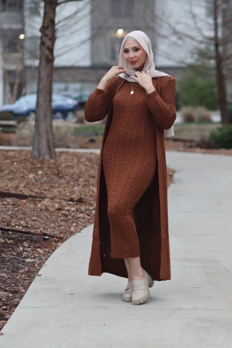 Chocolate Brown Two Piece Knitted Set – Hijabglamour